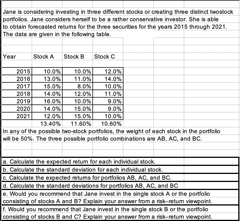 Solved Jane is considering investing in three different | Chegg.com