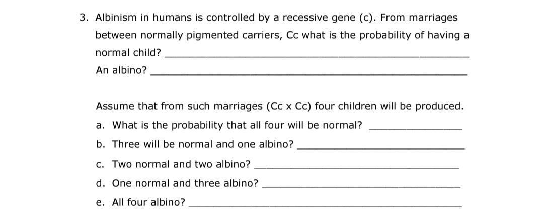Solved Albinism in humans is controlled by a recessive gene | Chegg.com