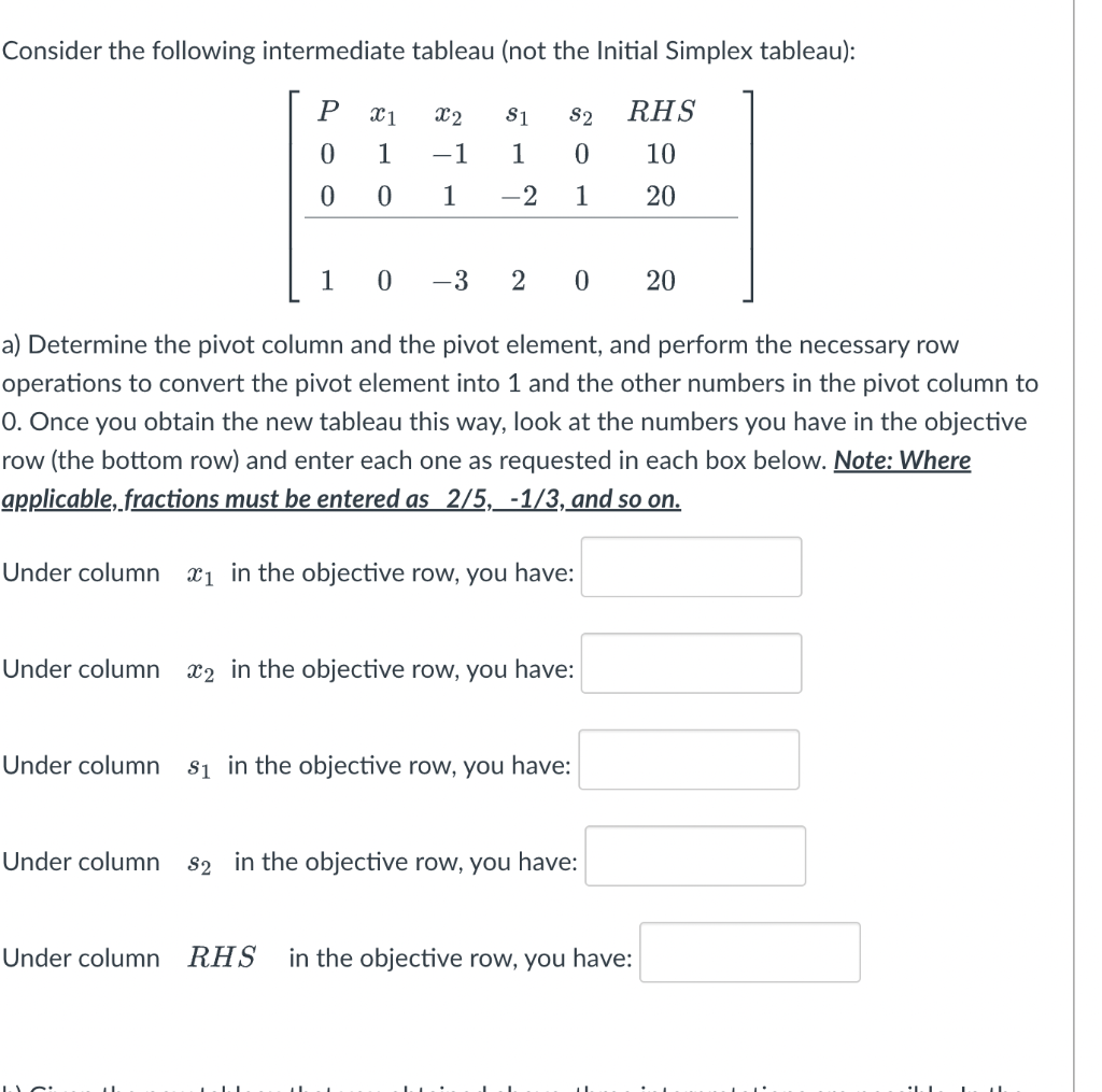 Solved Consider the following intermediate tableau (not the | Chegg.com