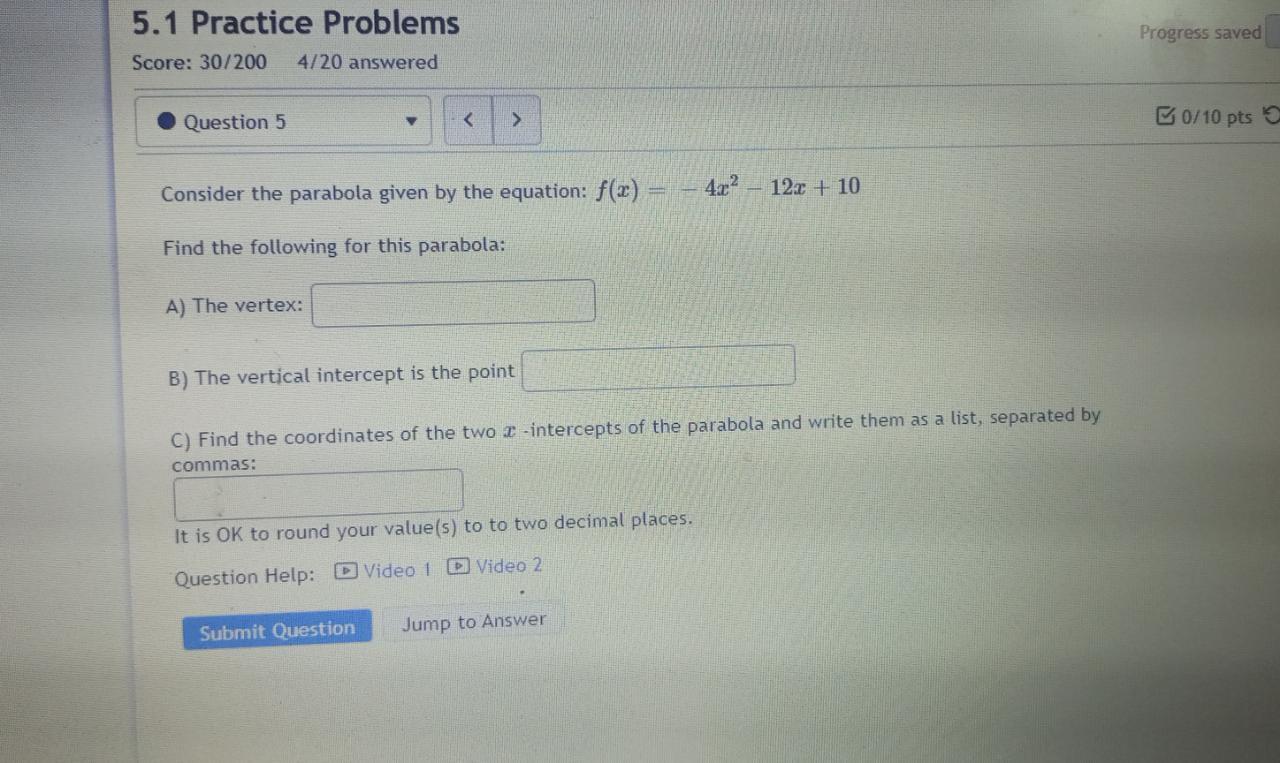 Solved 5.1 Practice Problems Progress saved Score: 30/200 | Chegg.com