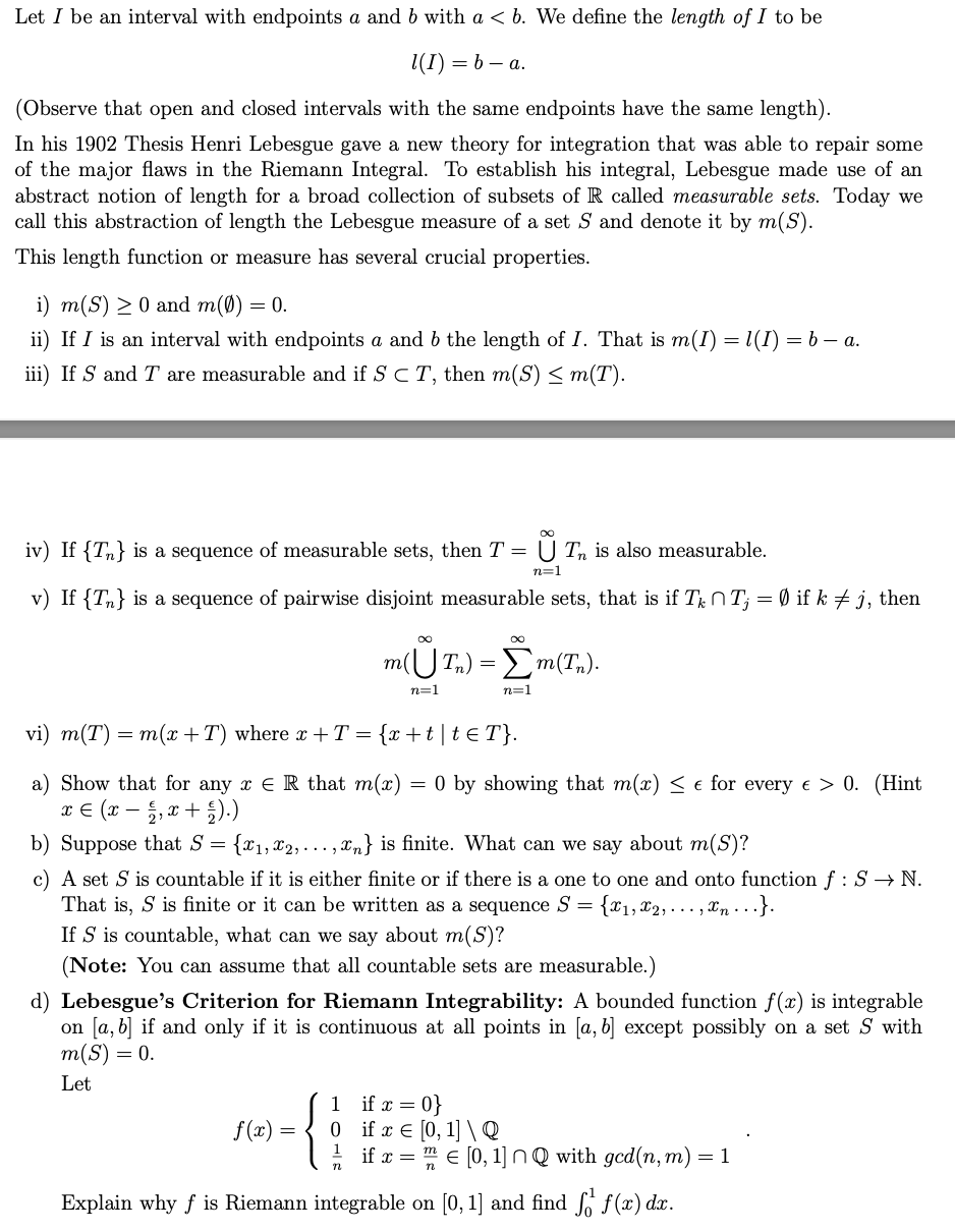Solved l(I)=b−a (Observe that open and closed intervals with | Chegg.com
