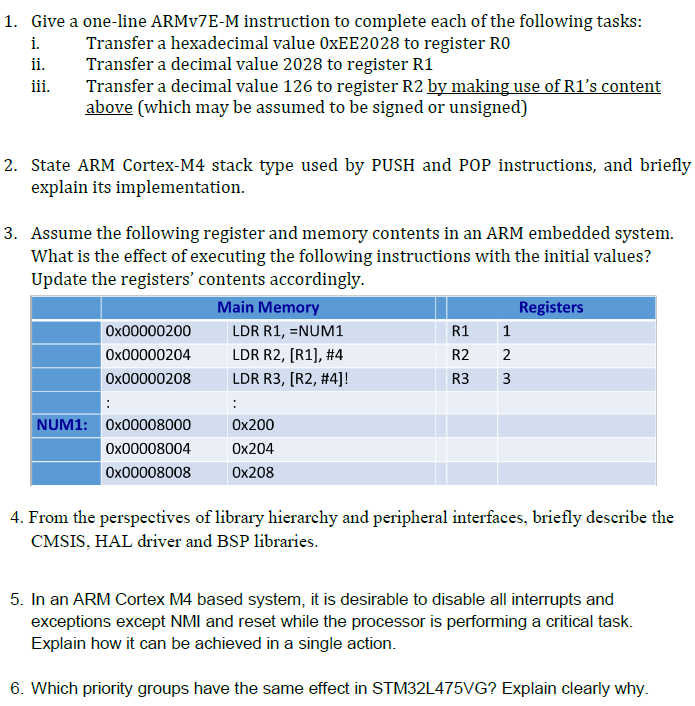 Give a one-line ARMv7E-M instruction to complete each | Chegg.com
