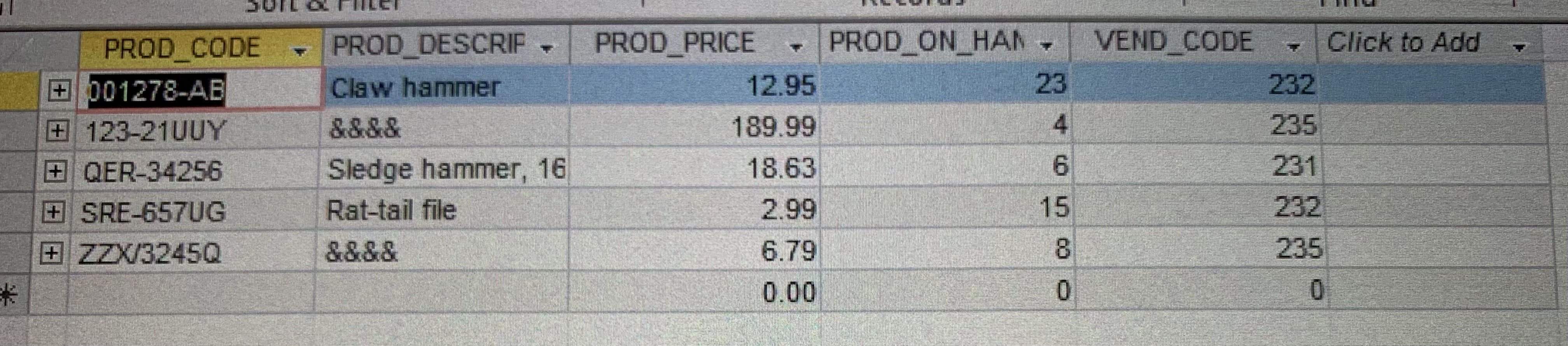 Solved \\\\table[[,PROD_CODE -,PROD_DESCRIF *,PROD_PRICE | Chegg.com ...