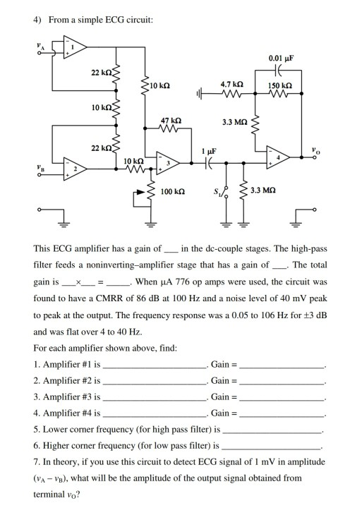 Solved 4) From a simple ECG circuit: 0.01 μF 22 kΩ 4.7 k2 | Chegg.com