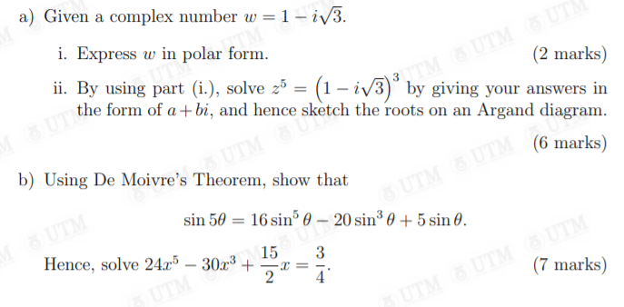 Solved a) Given a complex number w = 1 - iv3. i. Express w | Chegg.com