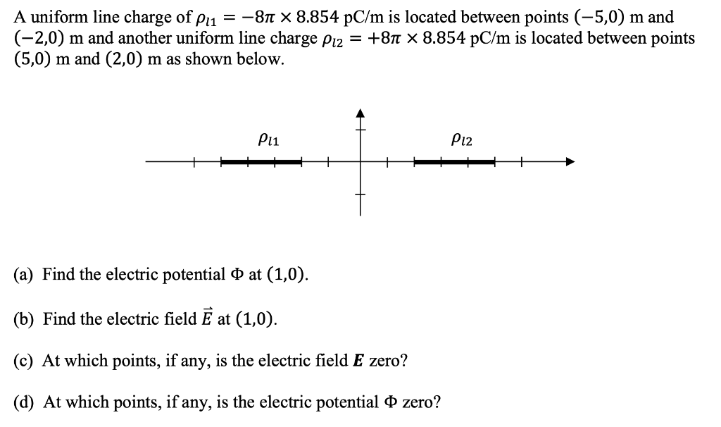 Solved A uniform line charge of ρl1=−8π×8.854pC/m is located | Chegg.com
