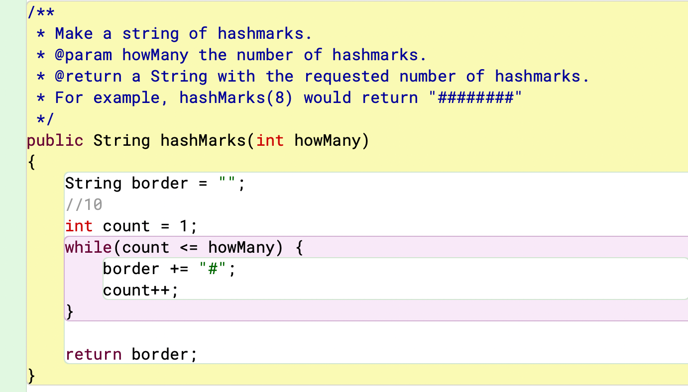 Solved * Make a string of hashmarks. * @param howMany the | Chegg.com