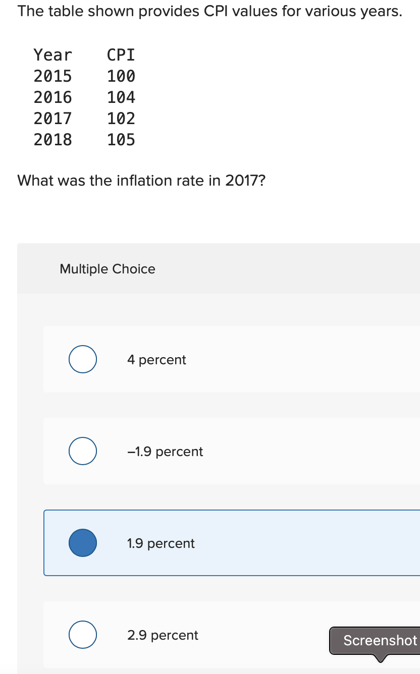 Solved The table shown provides CPI values for various | Chegg.com