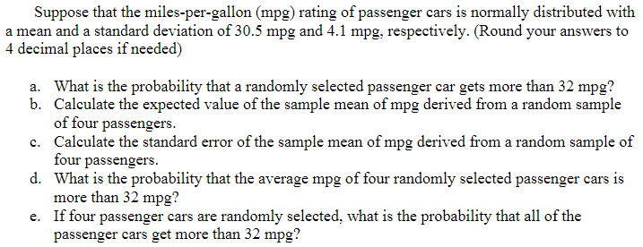 Solved Suppose that the miles-per-gallon ( mpg ) rating of | Chegg.com