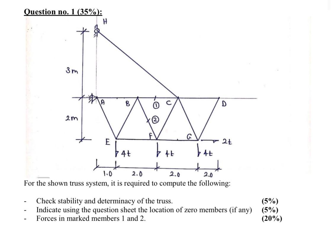 Solved Question no. 1 (35%): 3m 4 a B c D 2m V E 2t | bat 4t | Chegg.com