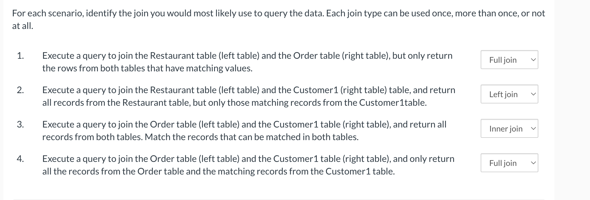 Solved For each scenario, identify the join you would most | Chegg.com