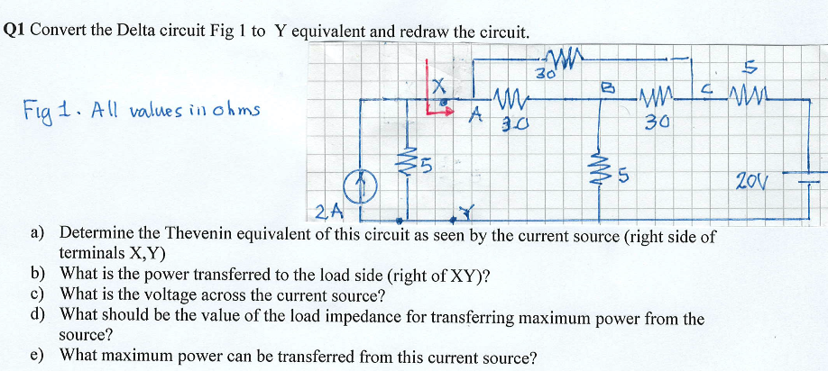 Solved Q1 Convert the Delta circuit Fig 1 to Y equivalent | Chegg.com