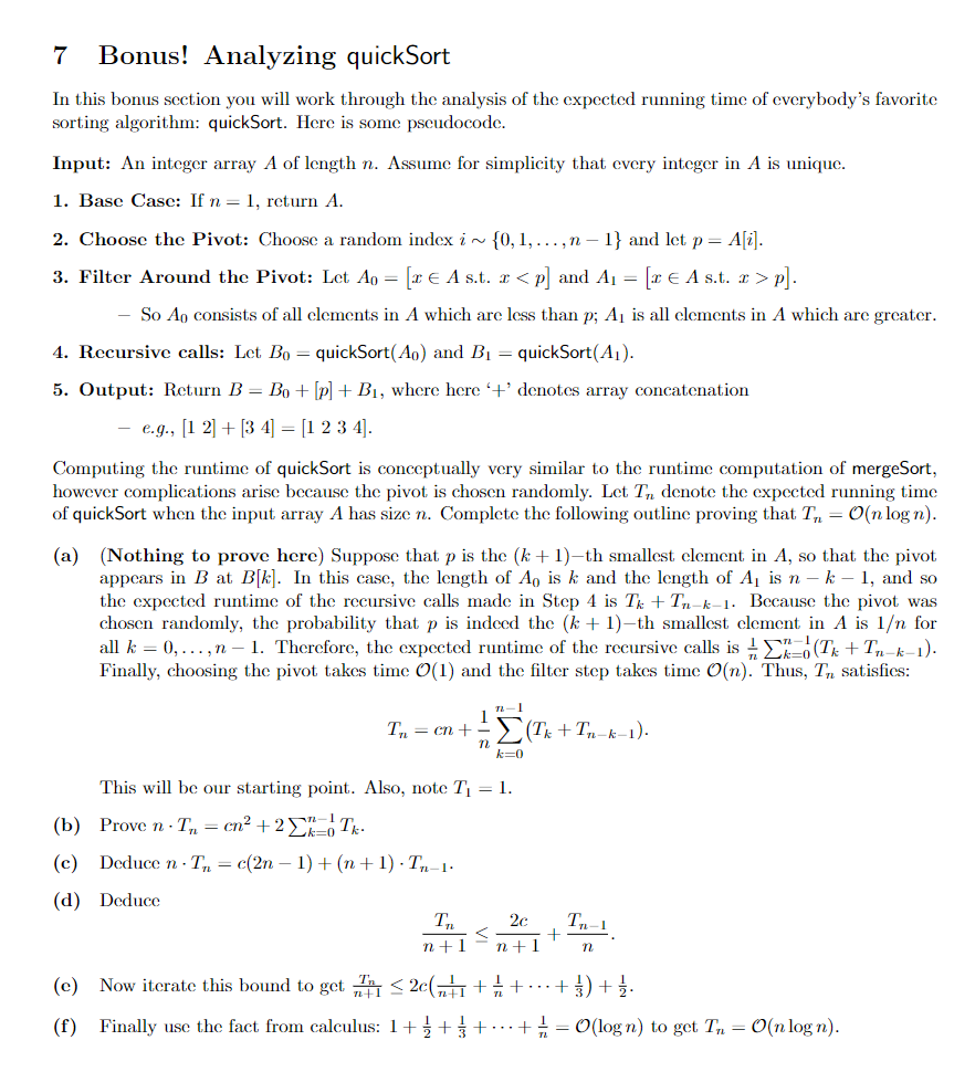 Solved 7 ﻿Bonus! Analyzing quickSortIn this bonus section | Chegg.com
