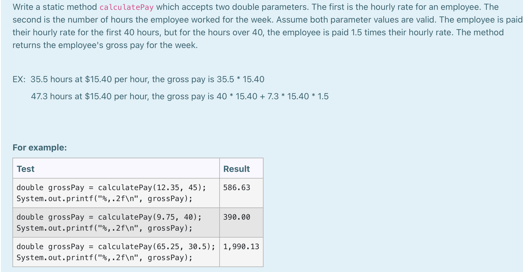 Solved Write a static method calculatePay which accepts two | Chegg.com