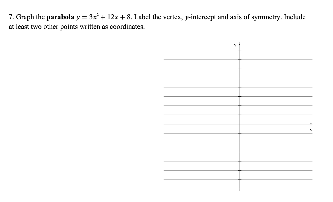 Solved 7. Graph the parabola y=3x2+12x+8. Label the vertex, | Chegg.com