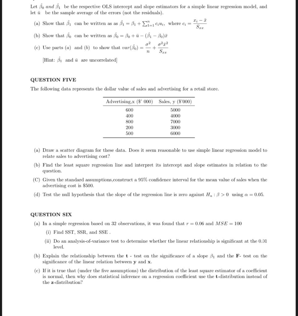 Solved QUESTION ONE Consider the simple linear regression | Chegg.com