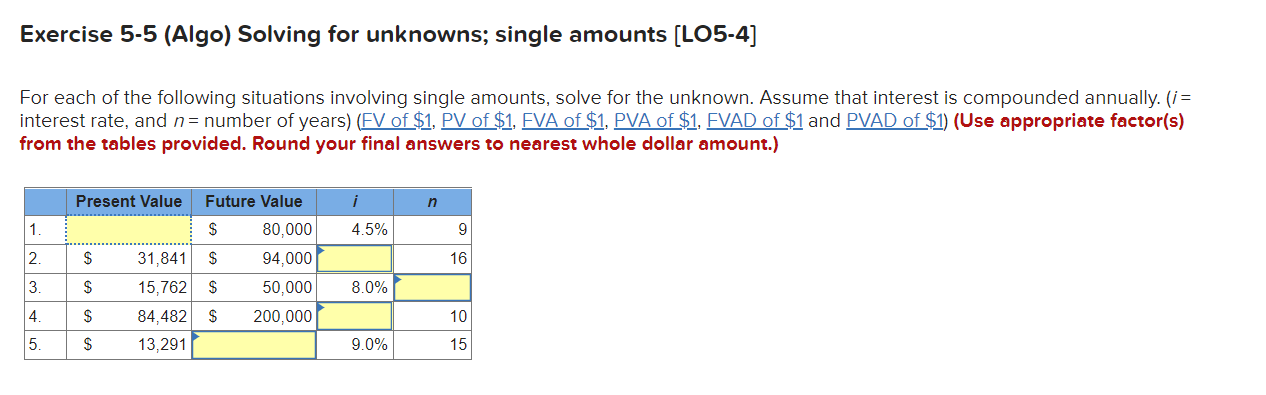 Solved Exercise 5-5 (Algo) Solving for unknowns; single | Chegg.com