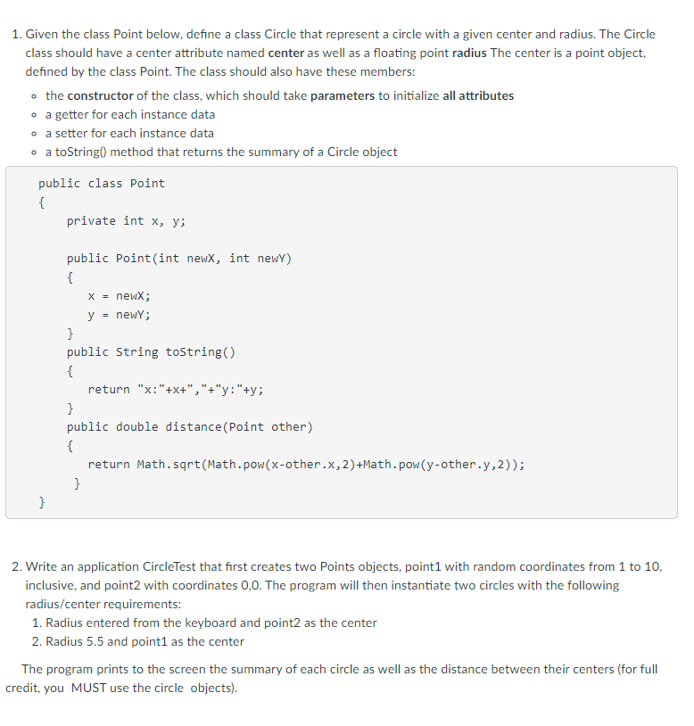 Solved 1. Given the class Point below, define a class Circle | Chegg.com