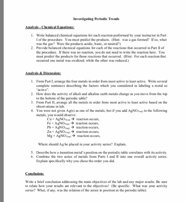 Investigating Periodic Trends 1. Write balanced | Chegg.com