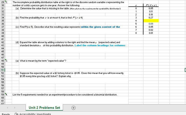 Solved 29 2. The incomplete probability distribution table | Chegg.com