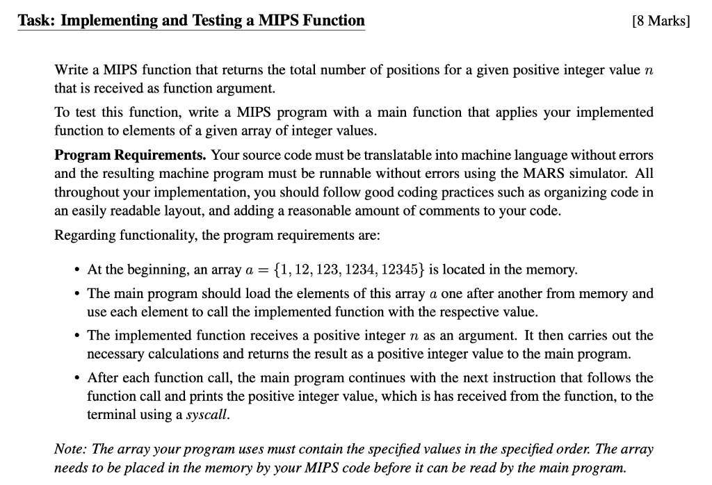 Solved Task: Implementing and Testing a MIPS Function [8 | Chegg.com