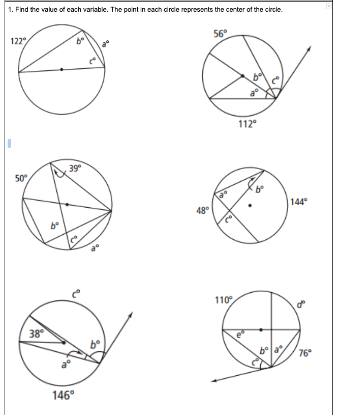 Solved 1. Find the value of each variable. The point in each | Chegg.com
