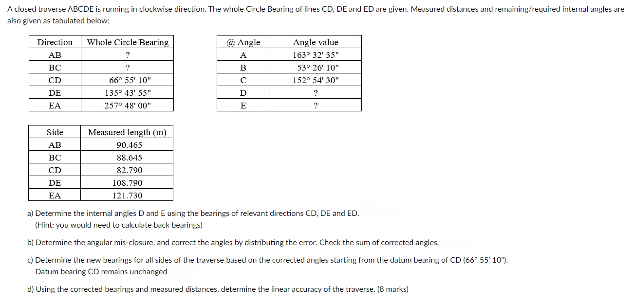 Solved A closed traverse ABCDE is running in clockwise | Chegg.com
