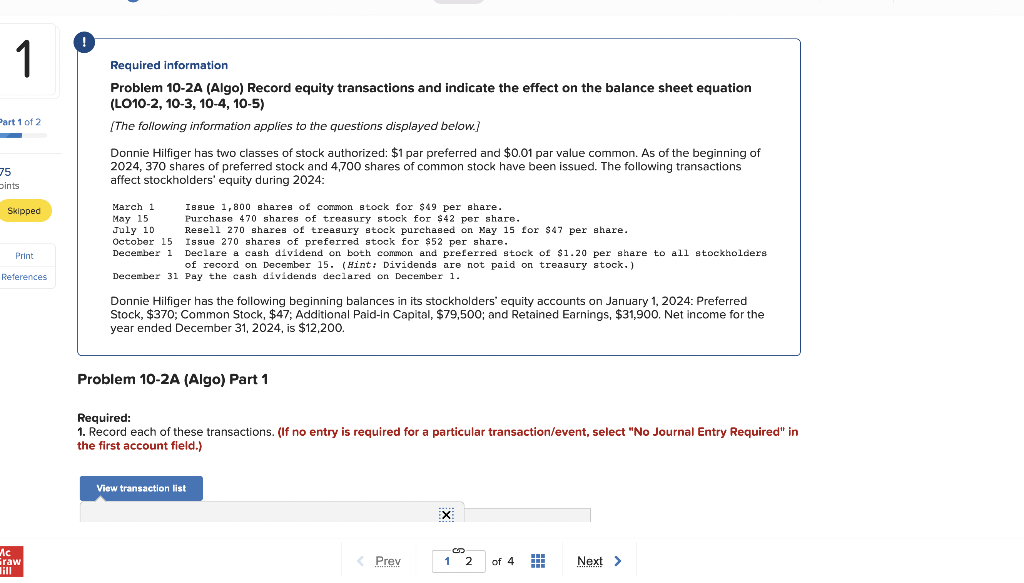 Solved Required information Problem 10-2A (Algo) Record | Chegg.com