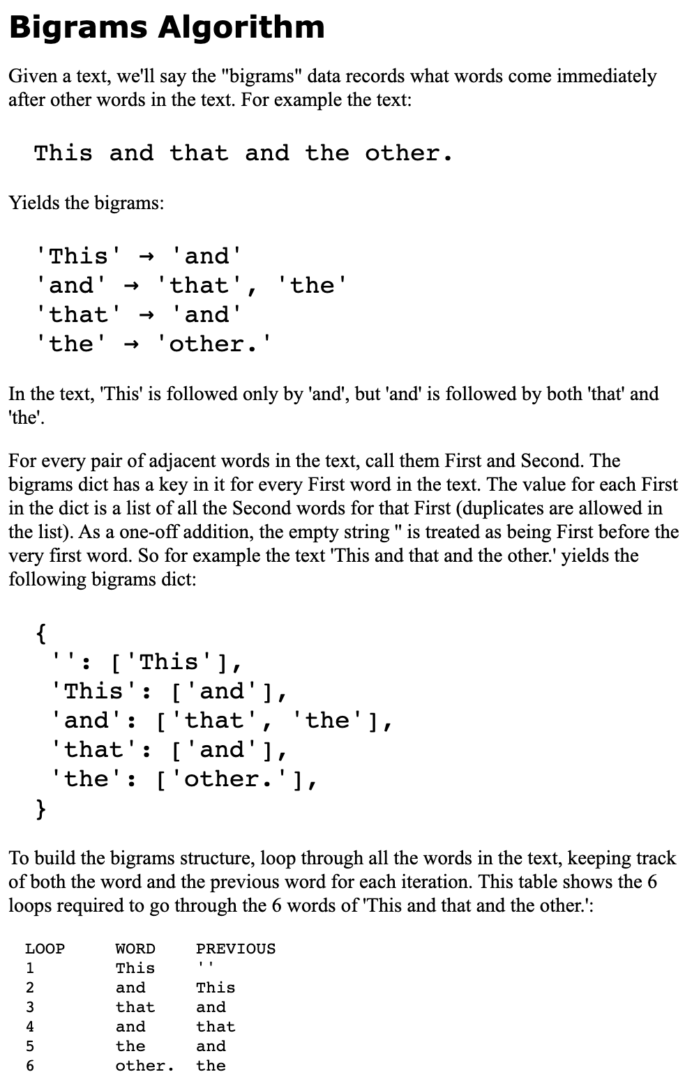 Bigrams Algorithm Given a text, we'll say the | Chegg.com