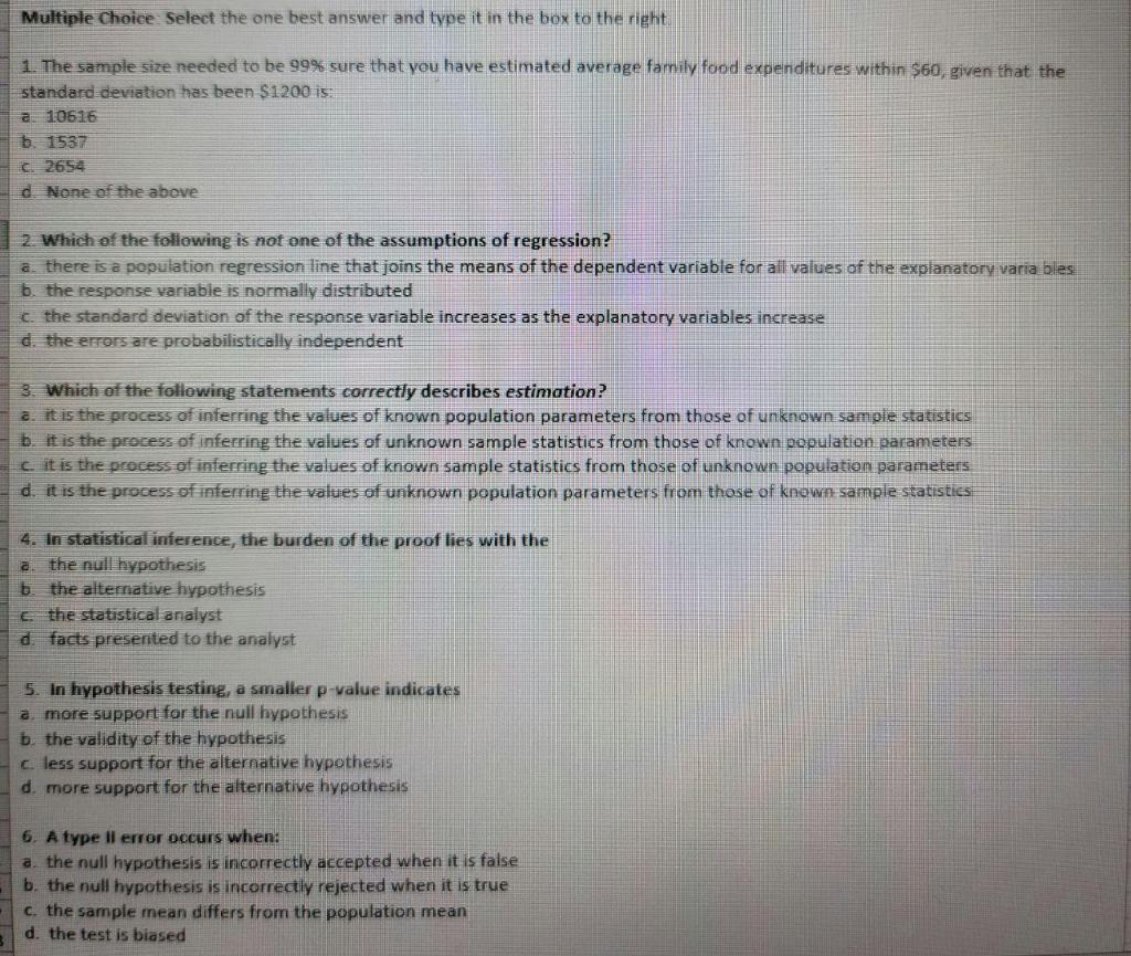 Solved Multiple Choice: Select the one best answer and type | Chegg.com