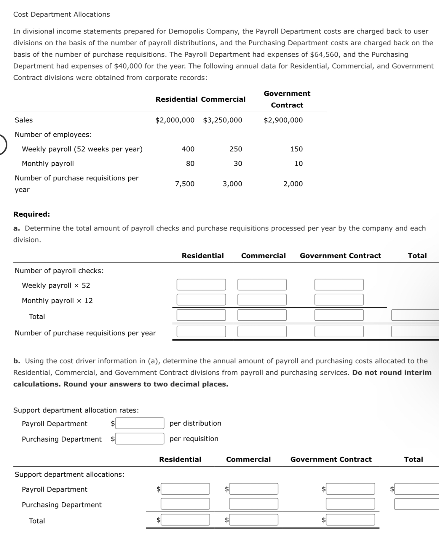 Solved Cost Department Allocations In divisional income | Chegg.com
