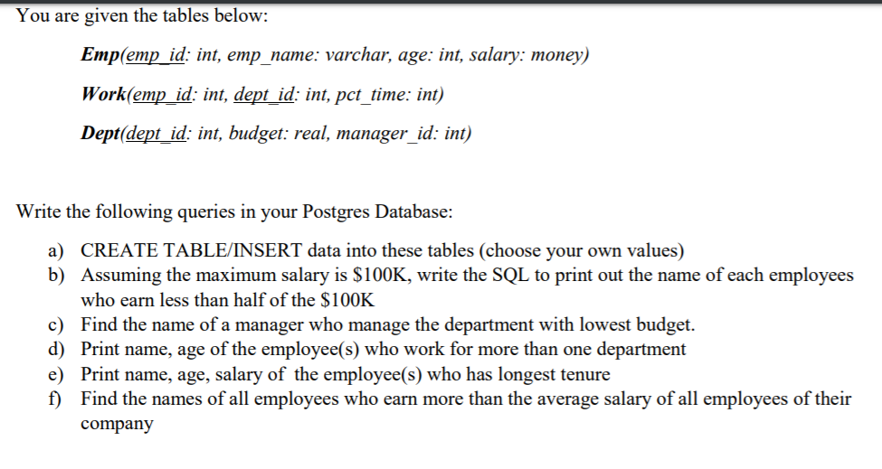 You are given the tables below: Emp(emp id: int, | Chegg.com You are given the tables below: Emp(emp id: int, | Chegg.com