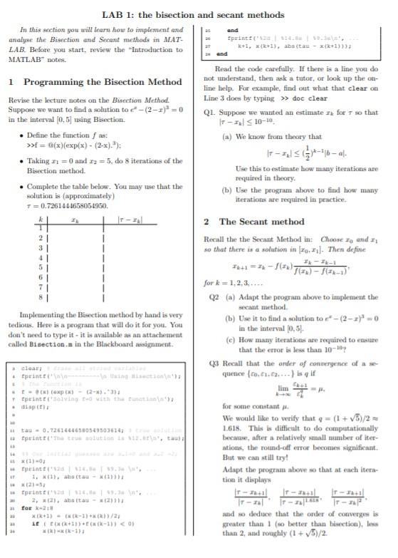 Solved And And Lab 1 The Bisection And Secant Methods In 0784