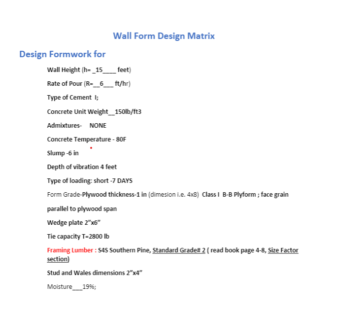 Wall Form Design Matrix Design Formwork for Wall | Chegg.com