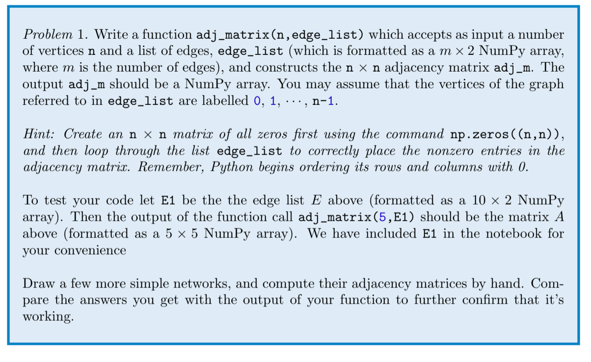 Solved Problem 1. Write a function adj_matrix(n, edge_list) | Chegg.com