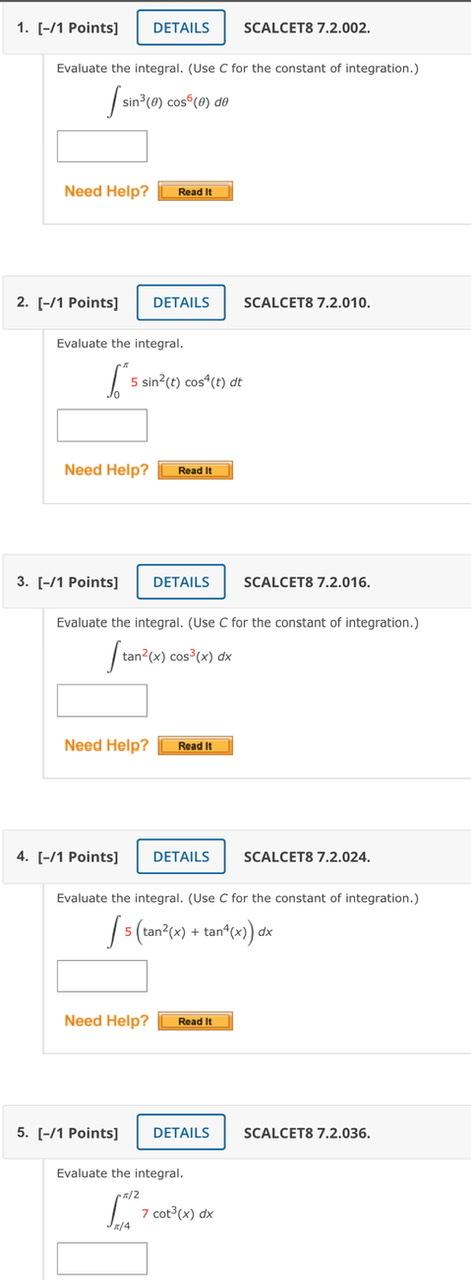 Solved 1. [-/1 Points] DETAILS SCALCET8 7.2.002. Evaluate | Chegg.com