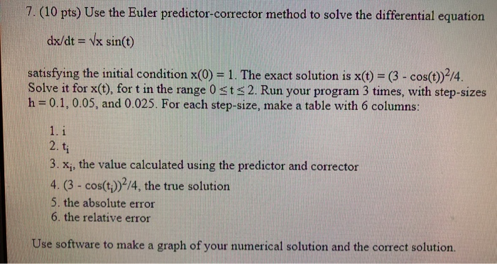 Solved 7. (10 pts) Use the Euler predictor-corrector method | Chegg.com