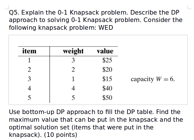 Q5. Explain the 0-1 Knapsack problem. Describe the DP | Chegg.com