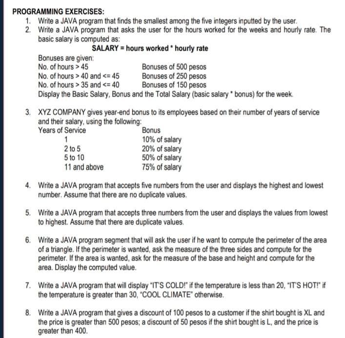 Solved PROGRAMMING EXERCISES: 1. Write a JAVA program that | Chegg.com