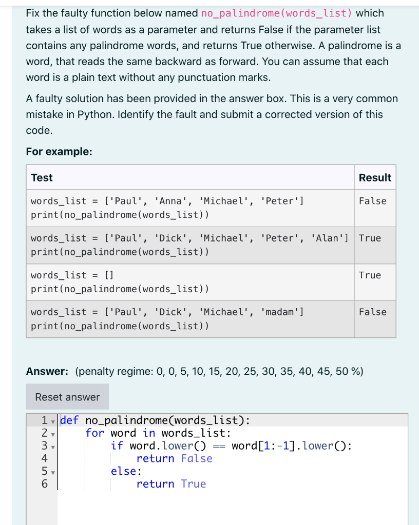 Solved Fix the faulty function below named no_palind rome | Chegg.com
