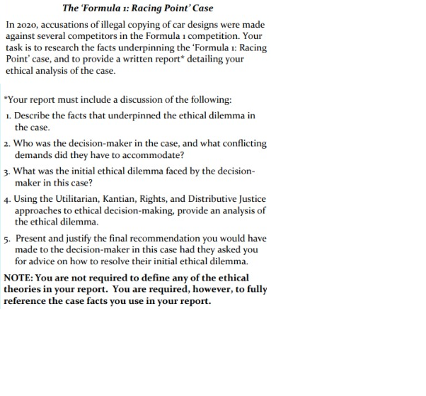 The Formula 1: Racing Point' Case In 2020, | Chegg.com
