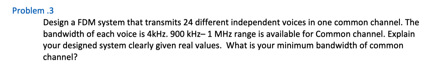 Solved Problem .3 Design a FDM system that transmits 24 | Chegg.com