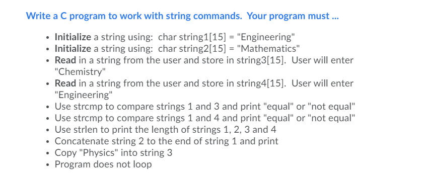 Solved Write a C program to work with string commands. Your | Chegg.com