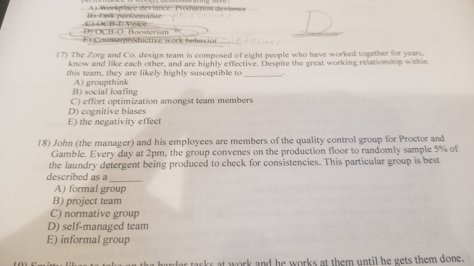Solved A) Workplace devance: Production deviance B ak | Chegg.com