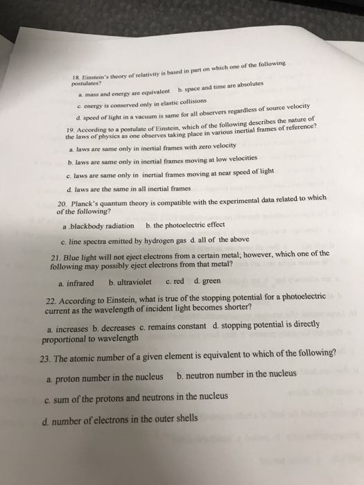 Solved 8. Einstein's theory of relativity is based in part | Chegg.com