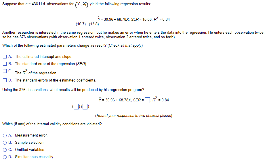 Solved Suppose that n=438 i.i. d. observations for (Yi,Xi) | Chegg.com
