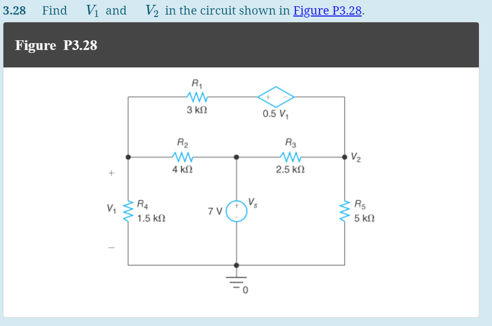 Solved 3.28 ﻿Find ,V1 ﻿and V2 ﻿in the circuit shown in | Chegg.com