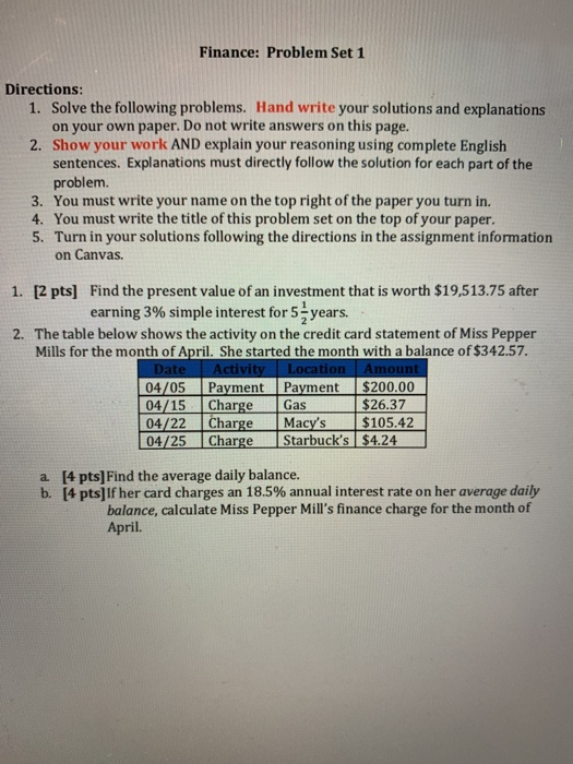 Solved Finance: Problem Set 1 Direction:s 1. Solve the | Chegg.com