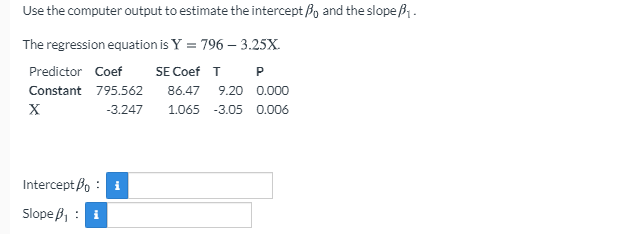 Solved Use the computer output to estimate the intercept Bo | Chegg.com