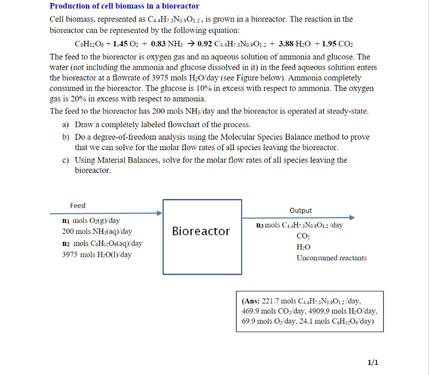 Solved Production of cell biomass in a bioreactor Cell | Chegg.com